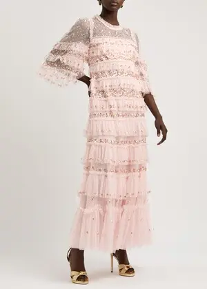 NEEDLE & THREAD Embellished Ruffled Tulle Gown