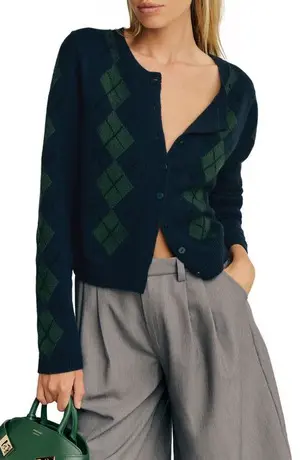 REFORMATION Clara Cashmere Crew Cardigan Navy Multi Argyle