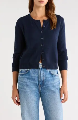REFORMATION Clara Cashmere Crew Cardigan Navy