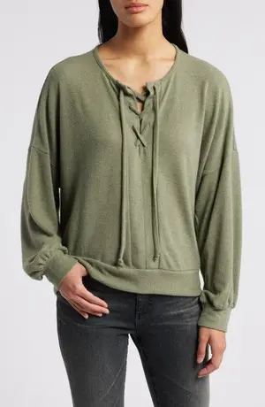 Loveappella Lace-up Knit Top - Olive