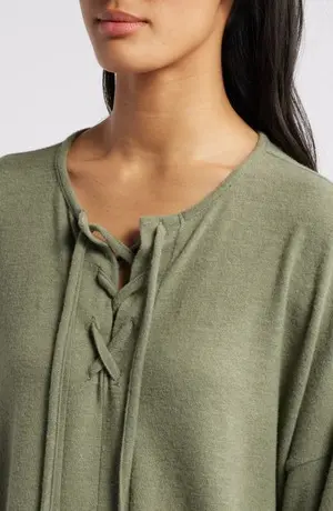 Loveappella Lace-up Knit Top - Olive