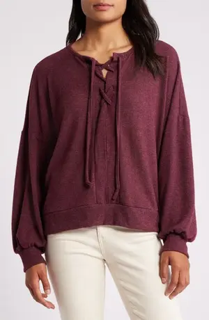Loveappella Lace-up Knit Top - Plum