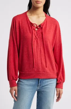 Loveappella Lace-up Knit Top - Red