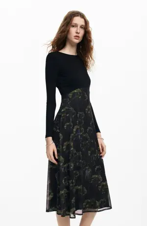 Desigual Pensee Mixed Media Long Sleeve Dress