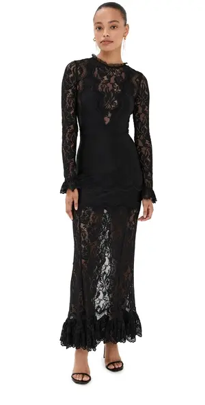 chinese dress ladies Long black lace dress with bardot collar  Rabanne