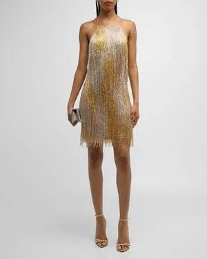 Liv Foster Bead-Fringe Halter Mini Dress - Metallic Multi | Editorialist