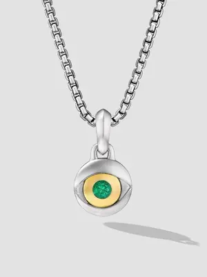 David Yurman Evil Eye Amulet In Sterling Silver With 18k Yellow Gold And 14.5mm - Emerald