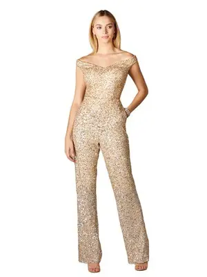 LARA NEW YORK Long Flutter Sleeves Beaded Dress - Goldsilver