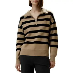 Lilysilk Collared Quarter-zip Striped Wool Sweater - Brown