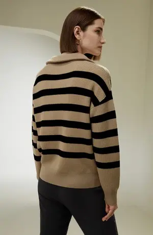 Lilysilk Collared Quarter-zip Striped Wool Sweater - Brown