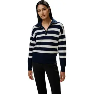 Lilysilk Lilysilk Collared Quarter-Zip Striped Wool Sweater Navy
