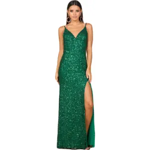 LARA NEW YORK Beaded V-neck Gown With Slit - Green