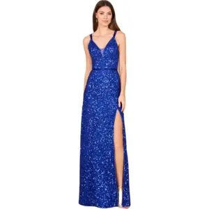 LARA NEW YORK Embellished Tulle Gown With Thigh-high Slit - Sapphire