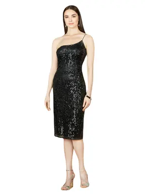 LARA NEW YORK Beaded One-shoulder Midi Dress - Black
