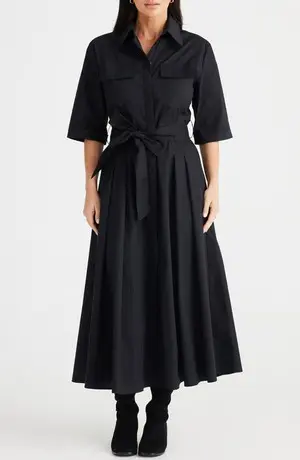 BRAVE+TRUE Rossellini Pleated Cotton Shirt Dress - Black