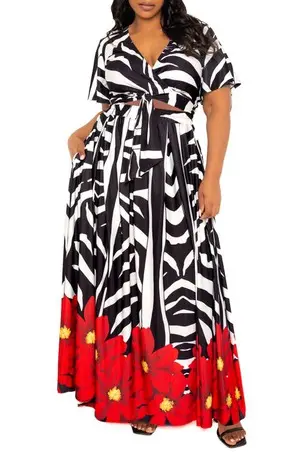 BUXOM COUTURE Animal Print Crop Top And Maxi Skirt Set