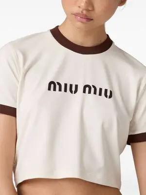 miu miu ベージュ 半袖Tシャツ Miu Miu Print Jersey T-Shirt - Neutrals | Editorialist