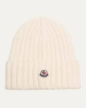 Moncler Logo Ribbed Wool Beanie - White