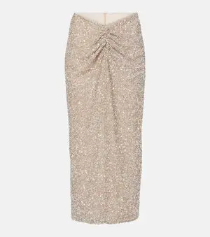 Costarellos Zuri Ruched Sequined Midi Skirt - Gold