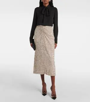 Costarellos Zuri Ruched Sequined Midi Skirt