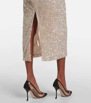 Costarellos Zuri Ruched Sequined Midi Skirt