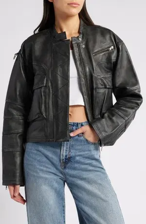 Free People Adrienne Leather Bomber Jacket - Black