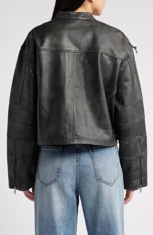 Free People Adrienne Leather Bomber Jacket - Black