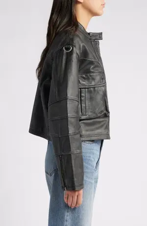 Free People Adrienne Leather Bomber Jacket - Black