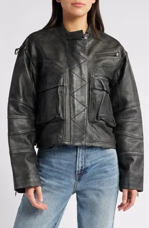 Free People Adrienne Leather Bomber Jacket - Black