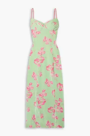 LoveShackFancy Sima Floralprint Velvet Midi Dress - Light Green