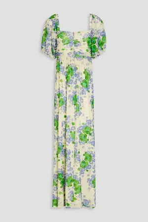 GANNI GANNI Ruched Floral-Print Maxi Dress - Green