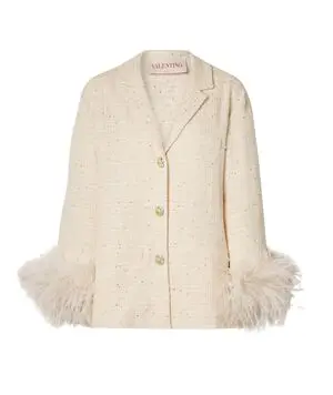 Valentino Garavani Feather-trimmed Embellished Bouclé-tweed Blazer