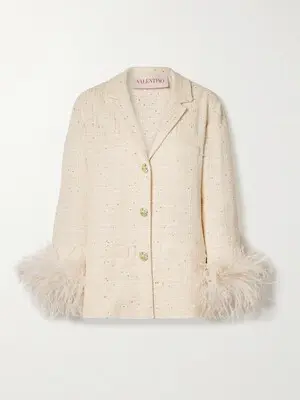Valentino Garavani Feather-trimmed Embellished Bouclé-tweed Blazer