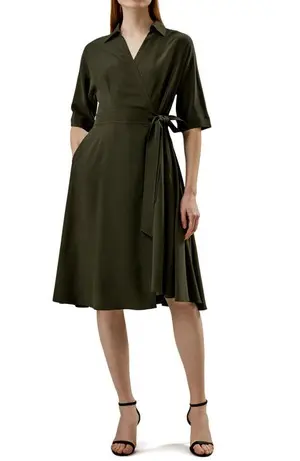 Lilysilk Front Tie Wrap Dress - Olive Green