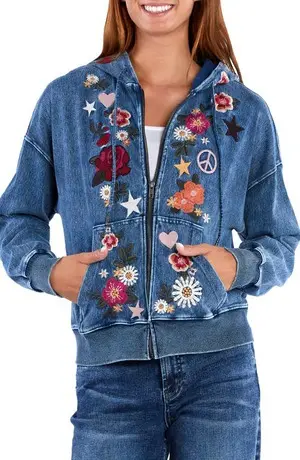 BILLY T Camp Peace Floral Embroidered Hoodie - Denim