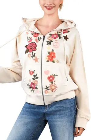 BILLY T Floral Embroidered Hoodie - Iced Latte
