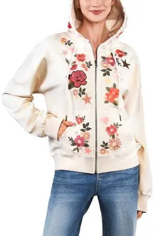 BILLY T Floral Embroidered Hoodie - Iced Latte