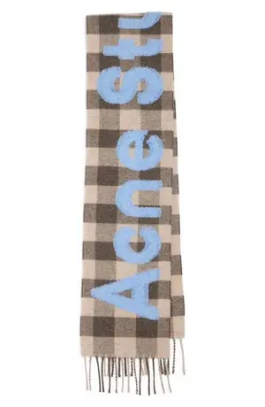 Acne Studios Veda Buffalo Plaid Wool Blend Fringe Scarf Brown/blue