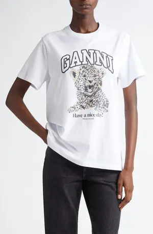 GANNI Leopard Graphic T-shirt - White/leopard