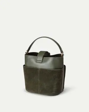 Veronica Beard Small Crest Lock Suede Bucket Bag