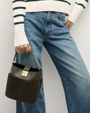 Veronica Beard Small Crest Lock Suede Bucket Bag