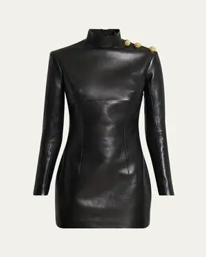 Balmain Open-Back Mini Leather Dress - Black | Editorialist