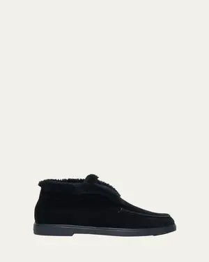 Santoni Fortune Shearling Suede Loafer Booties - Black