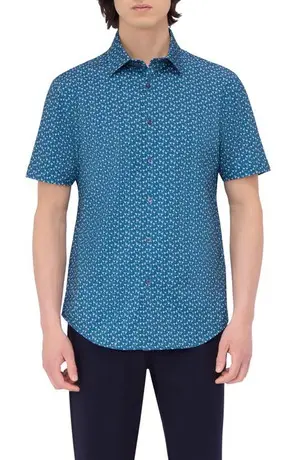 Bugatchi Miles Ooohcotton® Barware Print Short Sleeve Button-up Shirt Teal