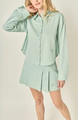 English Factory Striped Button-up Crop Shirt - Mint/white