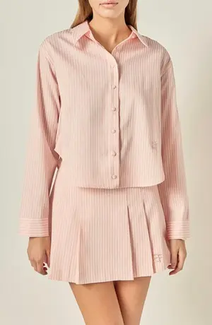 English Factory Striped Button-up Crop Shirt - Pink/white