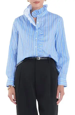 English Factory Stripe Ruffle Shirt - Blue/white