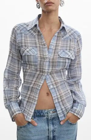 Mango Plaid Gauzy Button-up Shirt - Blue