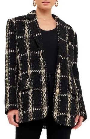 Endless Rose Premium Plaid Tweed Blazer - Black