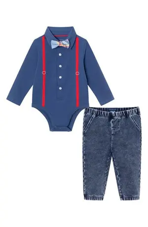 Andy & Evan Button-up Bodysuit With Joggers And Bow Tie - Navy Denim